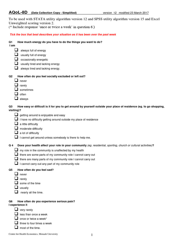 AQoL-8D Quality of Life Questionnaire | PDF