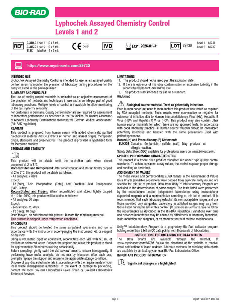 Lyphochek Assayed Chemistry Control Levels 1 and 2 | PDF | Lactic Acid ...