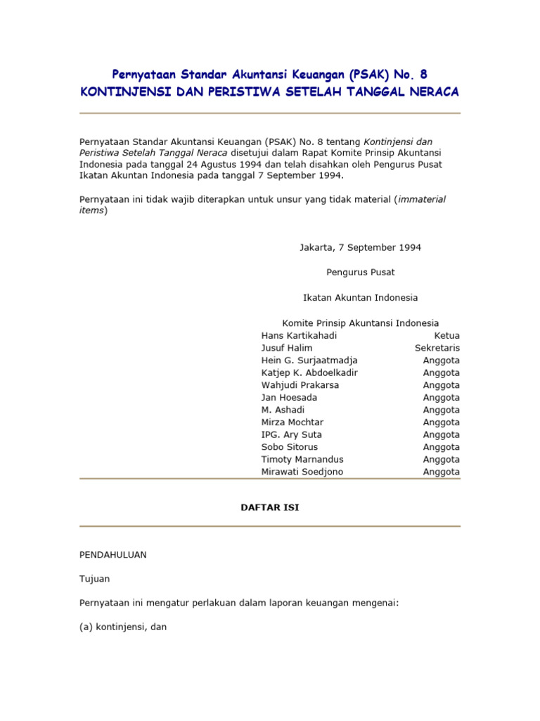 PSAK 8: Kontinjensi dan Peristiwa Keuangan | PDF | Bisnis | Hukum