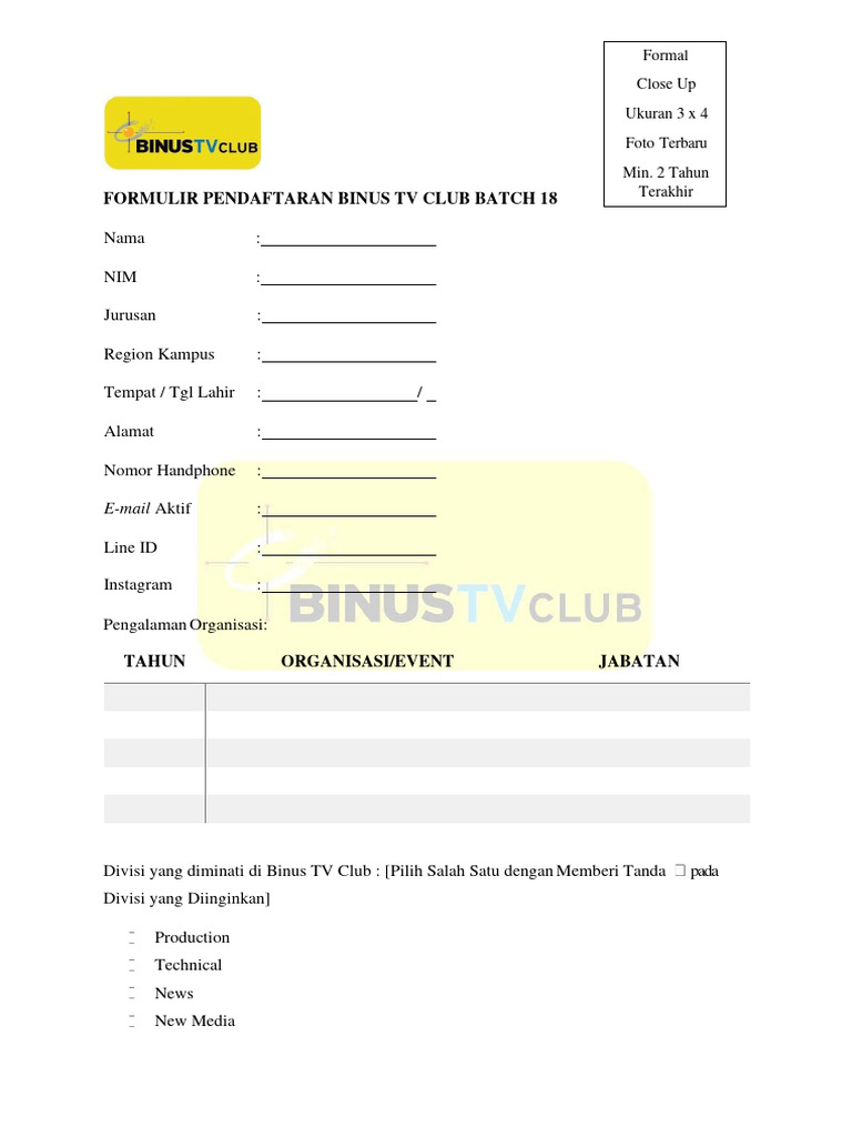 Formulir Pendaftaran Binus TV Club Batch 18 | PDF