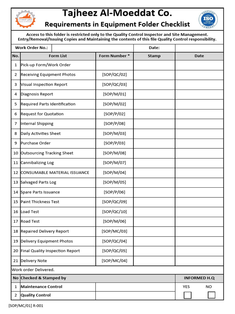 (SOP-MC-01) Equipment Folder Checklist | PDF