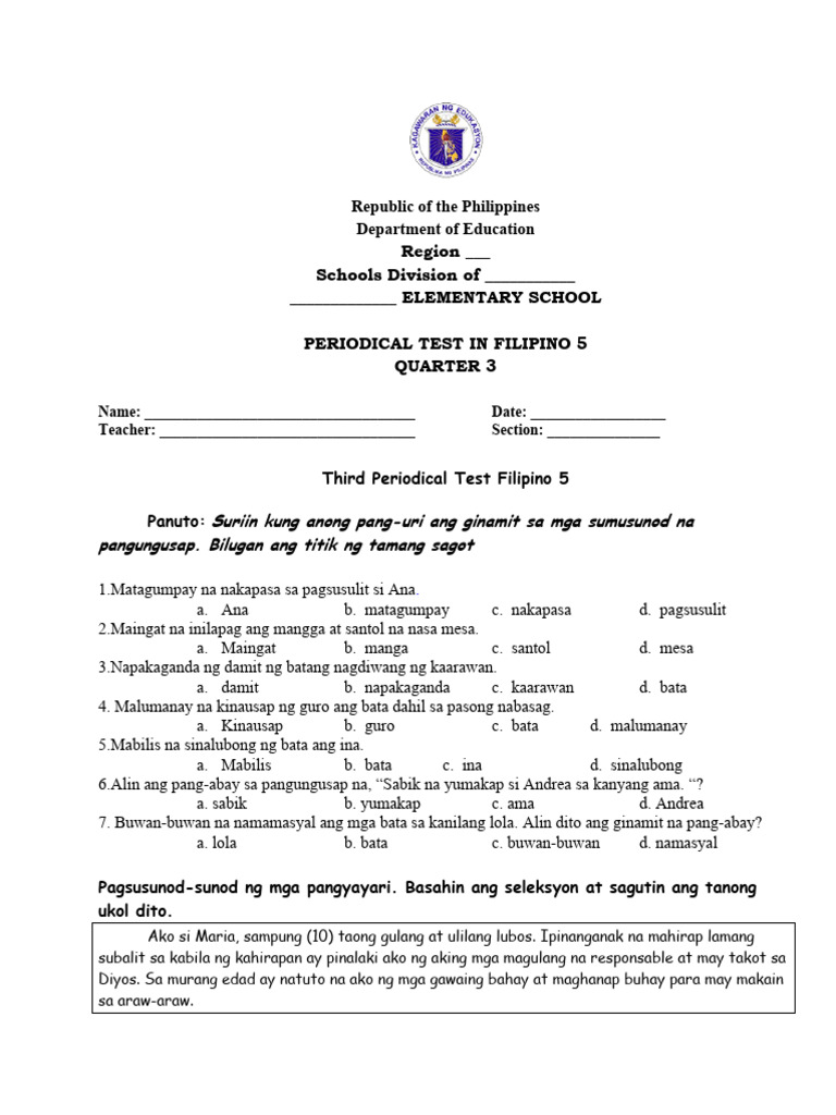 Fil 5 Q3 Testpapers | PDF