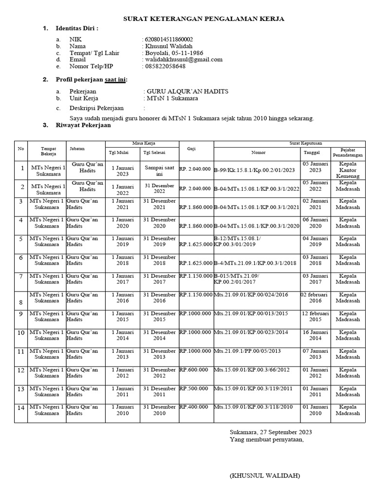 Surat Keterangan Pengalaman Kerja 1 Bu Husnul 1 | PDF