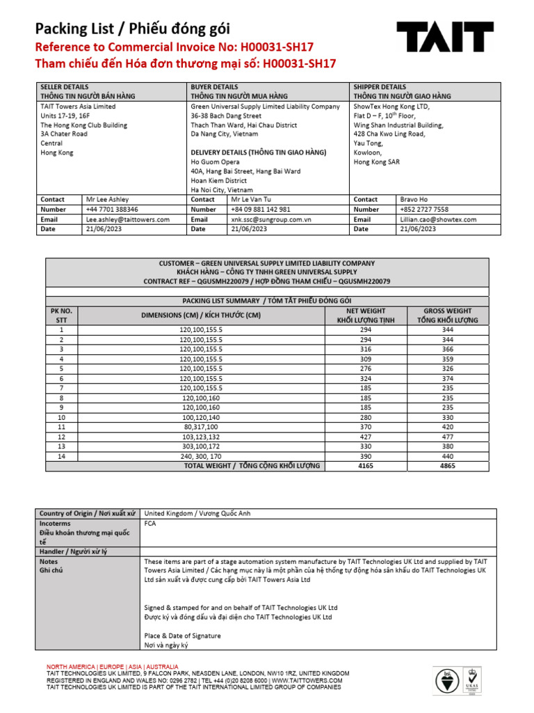 H00031-SH17 - Packing List | PDF
