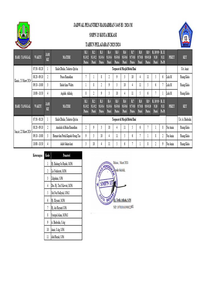 Kelas 9 JADWAL PESANTREN RAMADHAN 2023-2024 | PDF