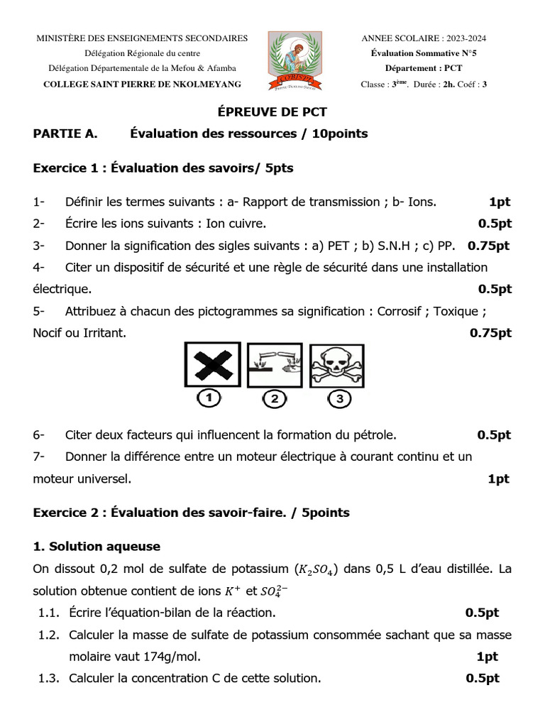 Évaluation PCT 3ème 2023-2024 | PDF | Chimie | Substances chimiques