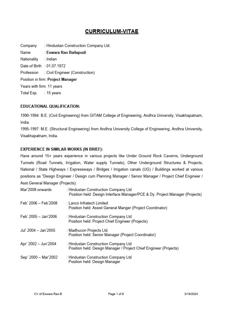 CV - B Eswara Rao | PDF | Road | Tunnel