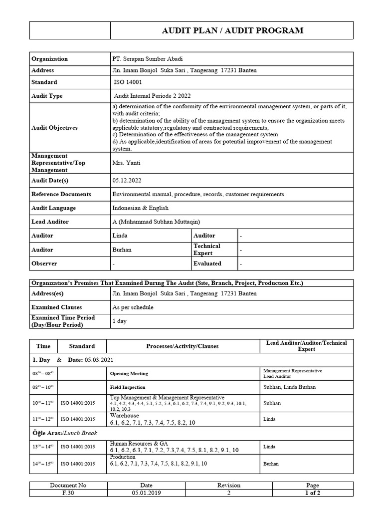 ISO 14001 Internal Audit Plan 2022 | PDF | Audit | International ...