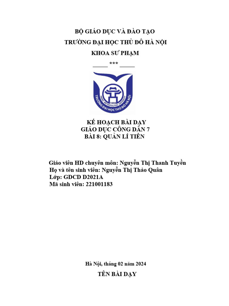 Giáo án GDCD 7 Bài 8 Quản lí tiền | PDF