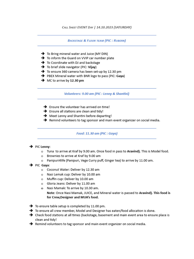 Call Sheet EVENT Day | PDF | Cuisine | Foods