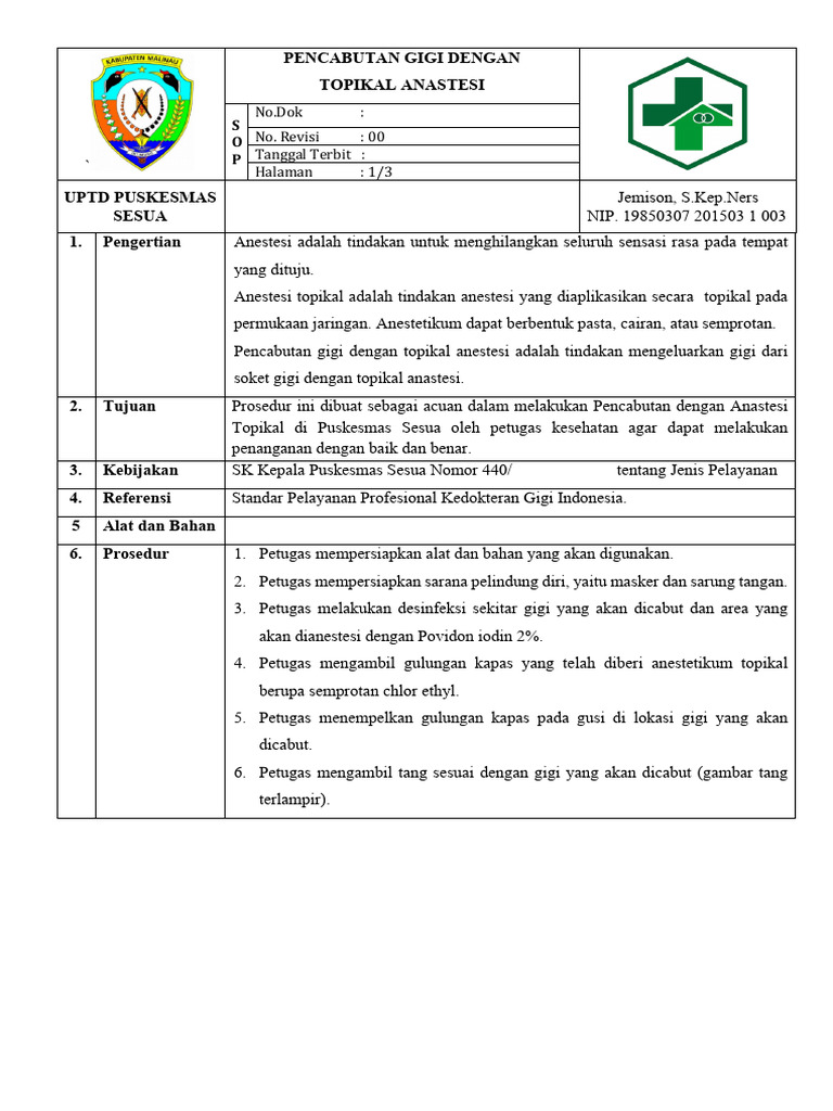 SOP Pencabutan Gigi Topikal | PDF | Sains & Matematika