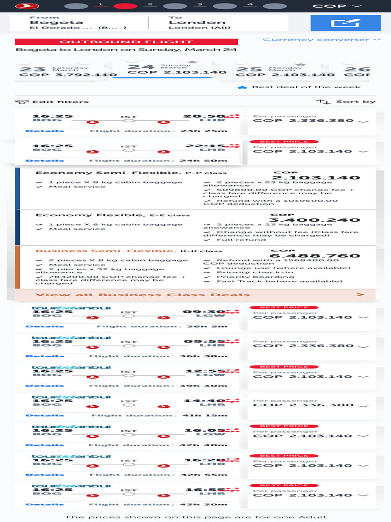 Bogota to London Flight Deals March 2024 | PDF | Business Class | Transport Companies