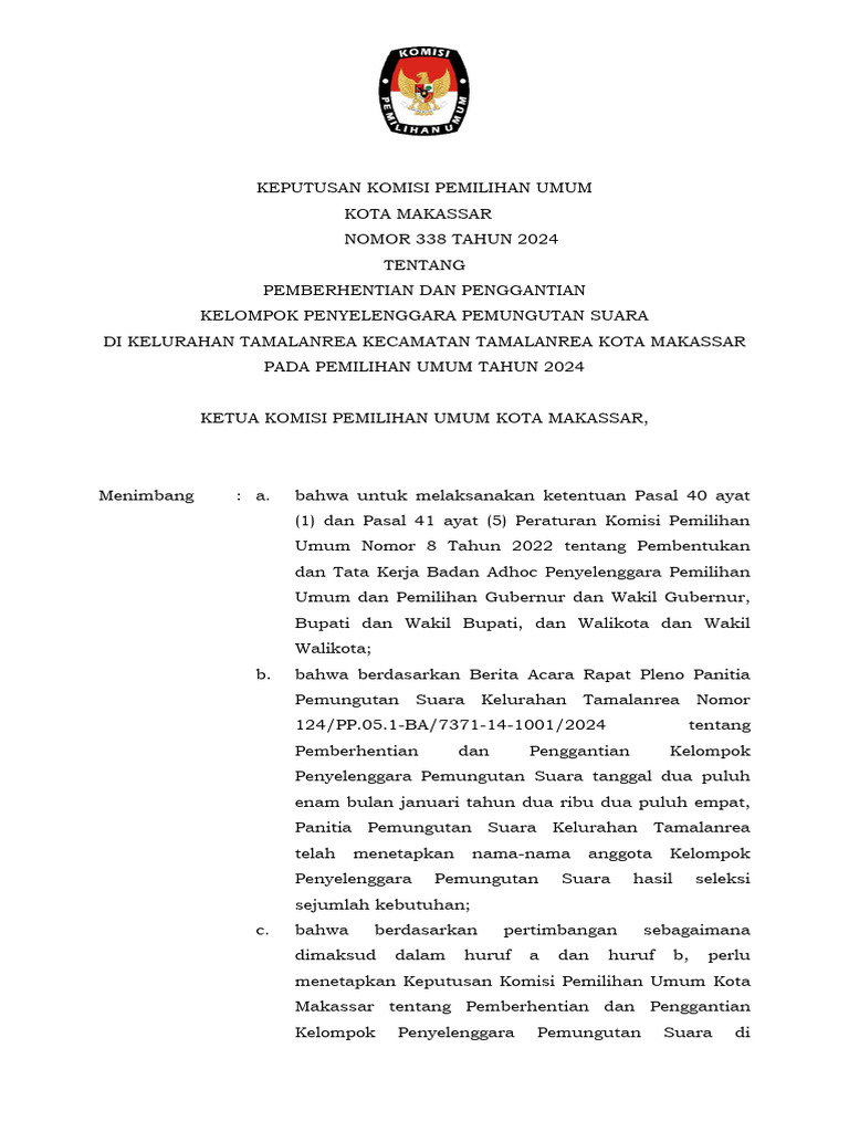 SK PEMBERHENTIAN DAN PENGGANTIAN KPPS Edit | PDF