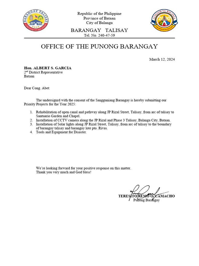 Letter For Cong. Abet Priority Project 2025 | PDF