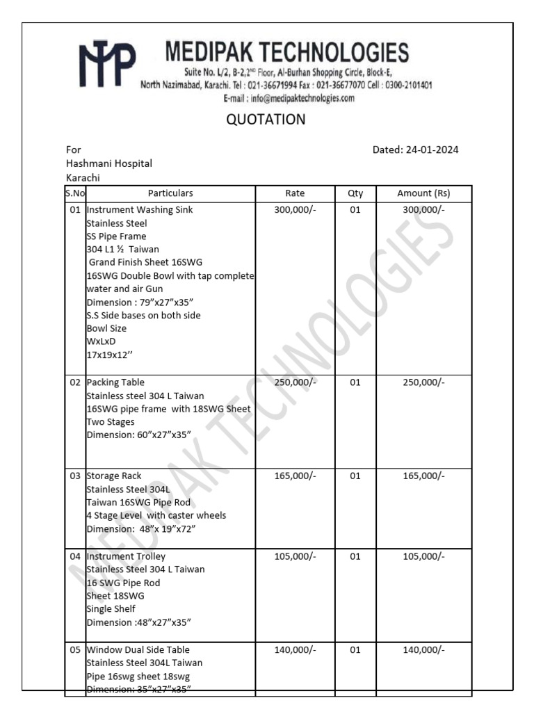 004 Quotation CSSD Furniture Hashmani | PDF