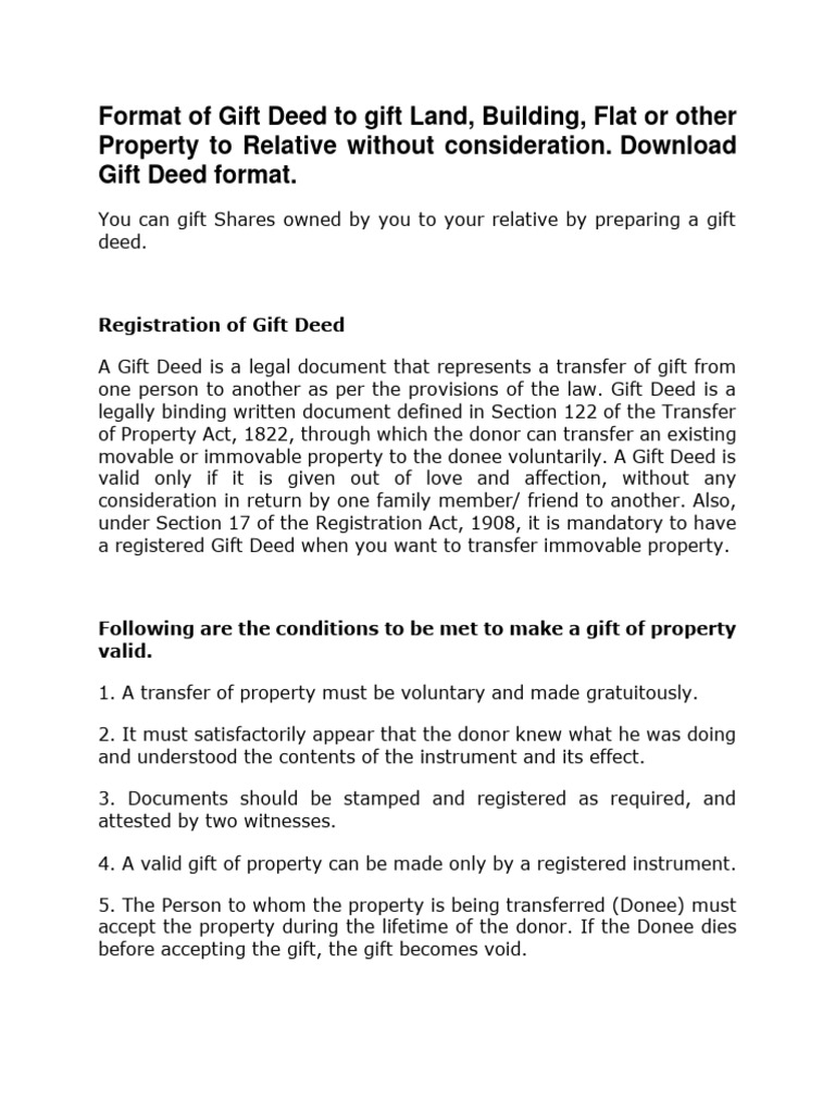 Format of Gift Deed To Gift Land, Building, Flat or Other Property To ...