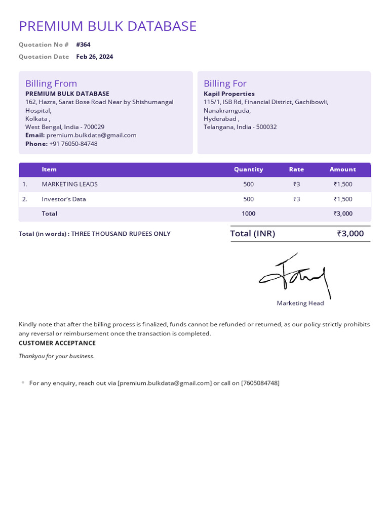 Quotation 364 Premium Bulk Database Kapil Properties | PDF | Business