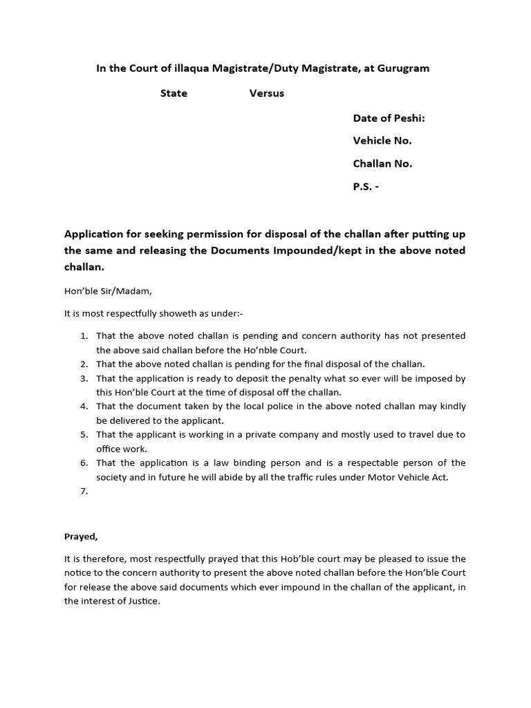 Application For Challan Disposal | PDF