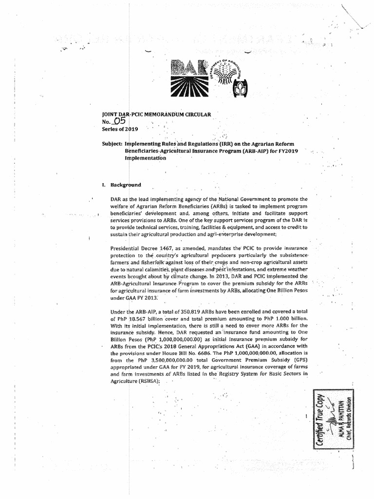 DAR PCIC Joint DAR PCIC Memorandum Circular No 05 Series of 2019 | PDF