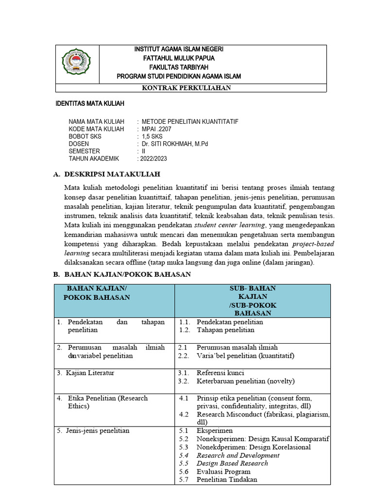 Kontrak Dan RPS-MetPen Kuantittaif S2 PAI | PDF | Karier & Perkembangan | Seni