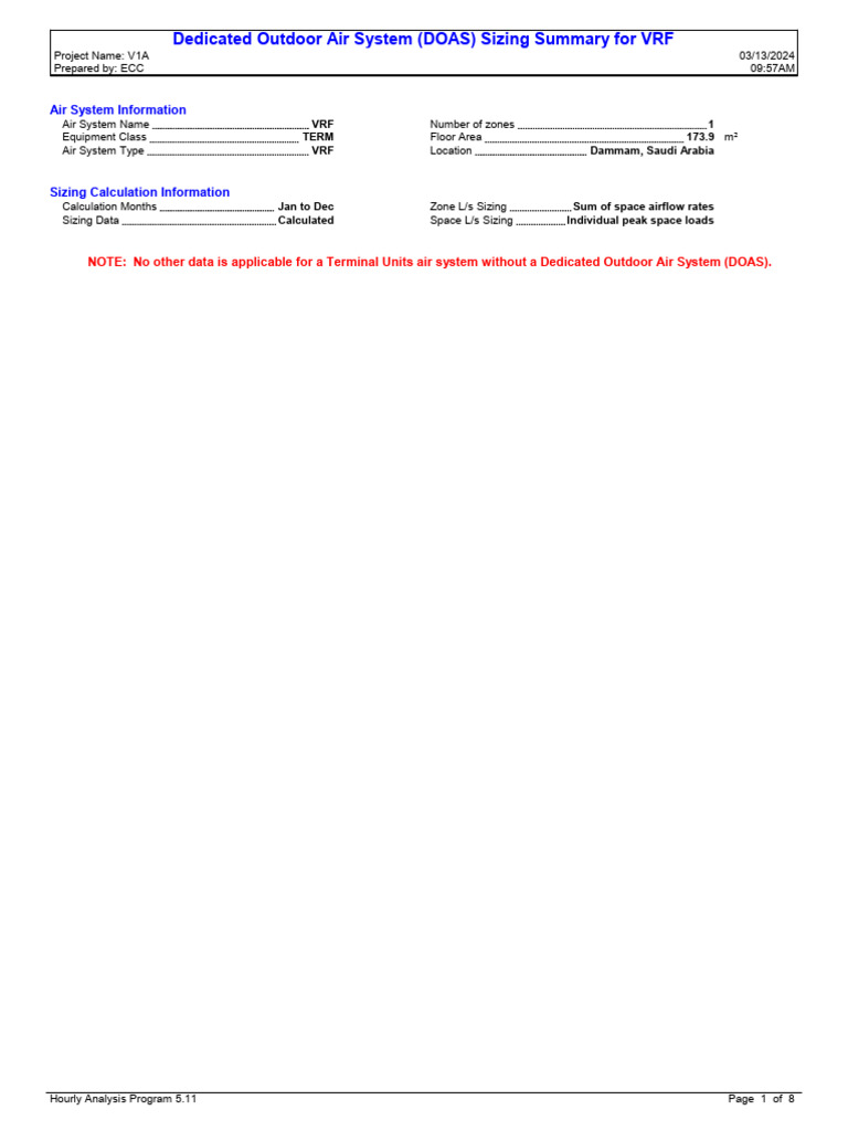 Dedicated Outdoor Air System (DOAS) Sizing Summary For VRF | PDF | Air ...