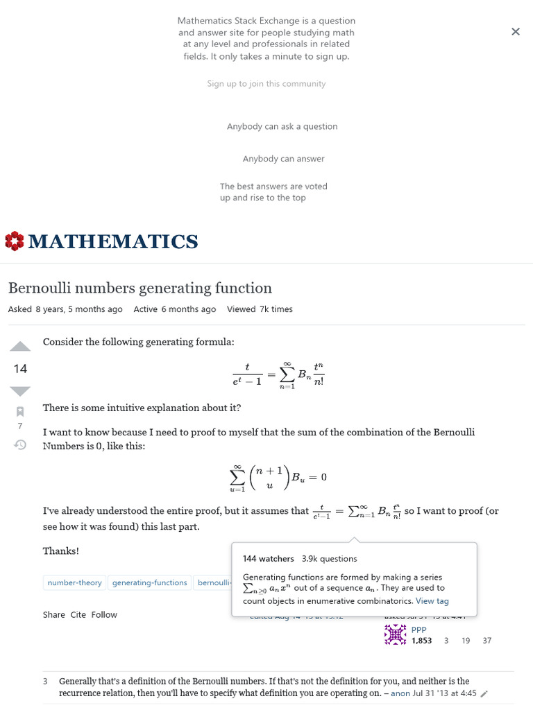 Bernoulli Numbers Generating Function - Mathematics Stack Exchange | PDF | Mathematical Analysis ...