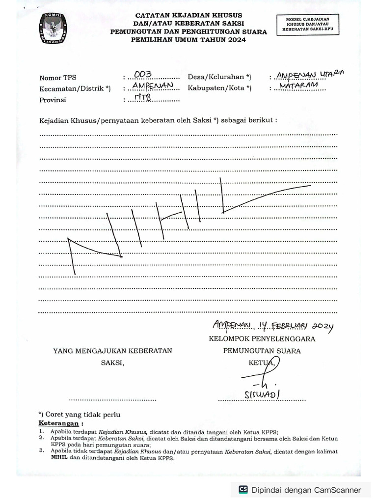 C.kejadian Khusus Dan Atau Keberatan Saksi Kpu Tps 003 | PDF