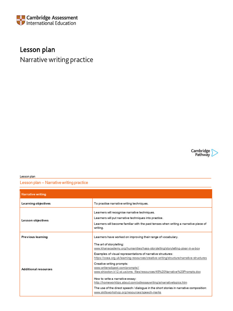 Narrative Writing Lesson Plan | PDF | Learning | Narration