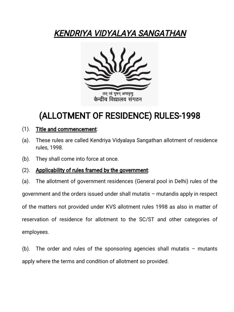 KVS Quarter Allotment Rules 2024 | PDF