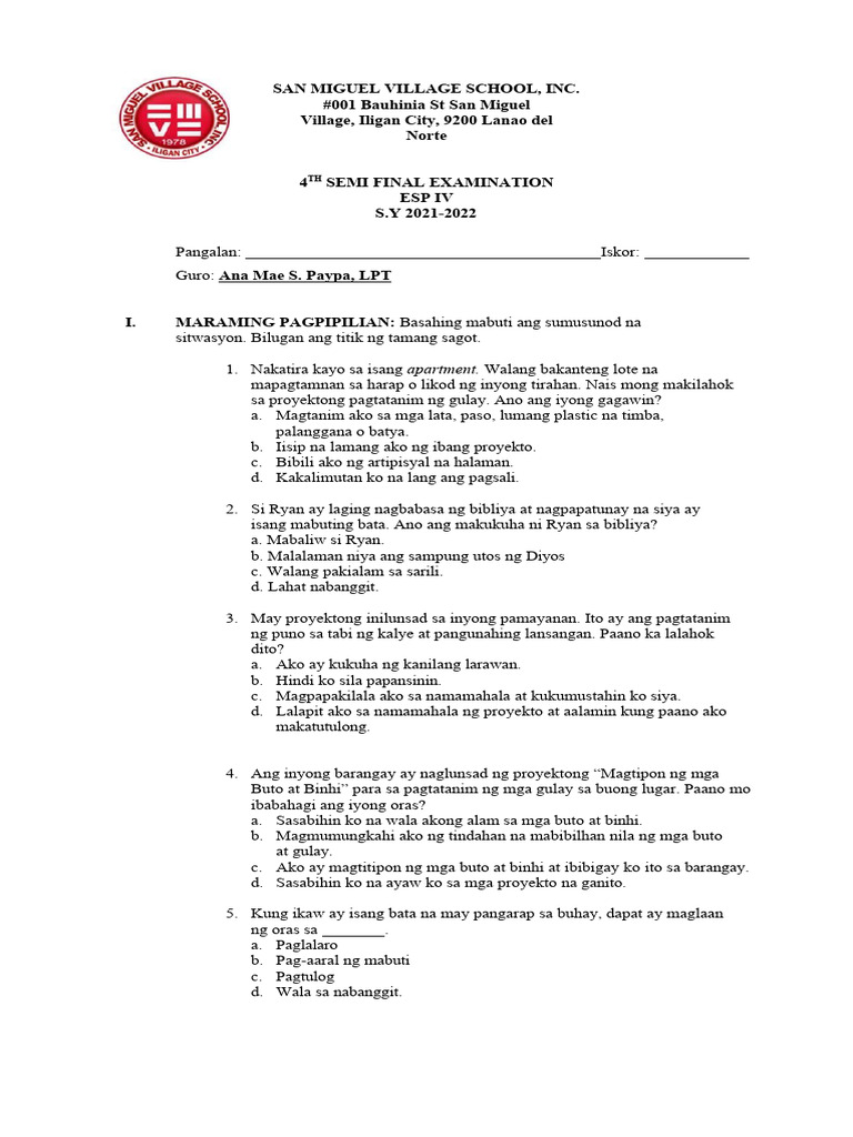 4Q - Esp4 - Semi-Final Exam | PDF