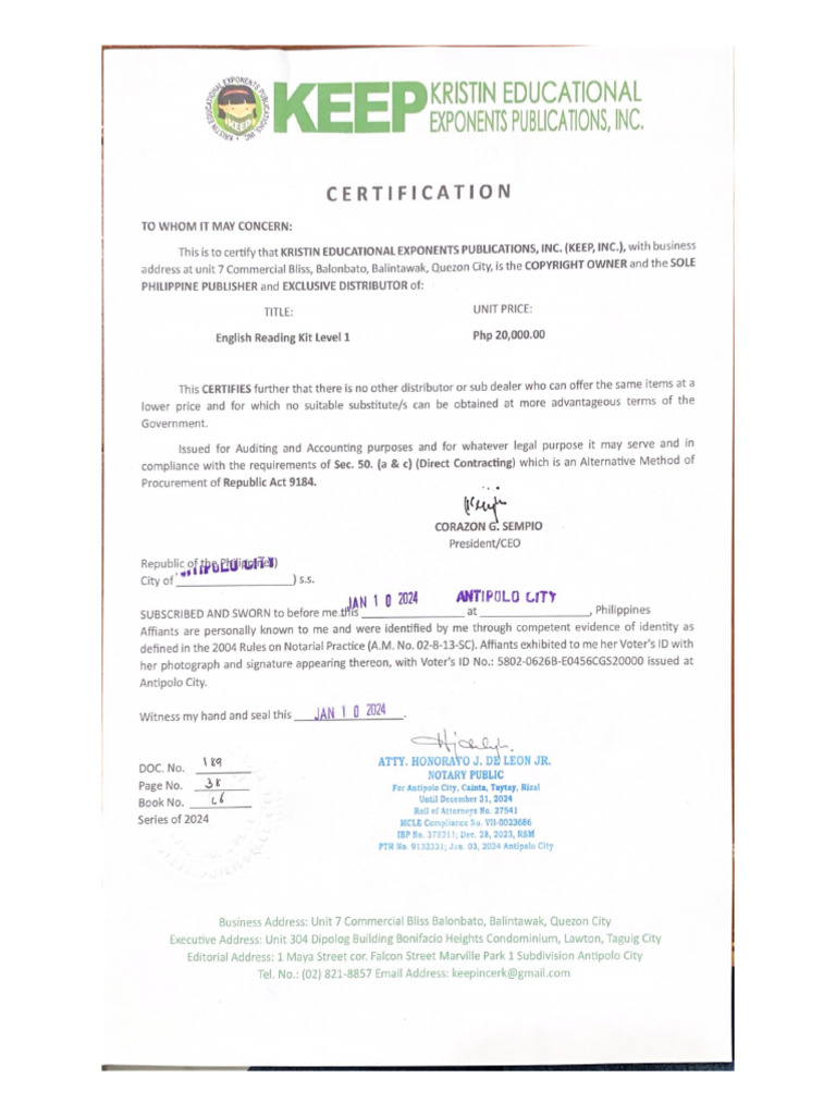 Keep Inc. Erk 1 Exclusive Distributor 2024 | PDF