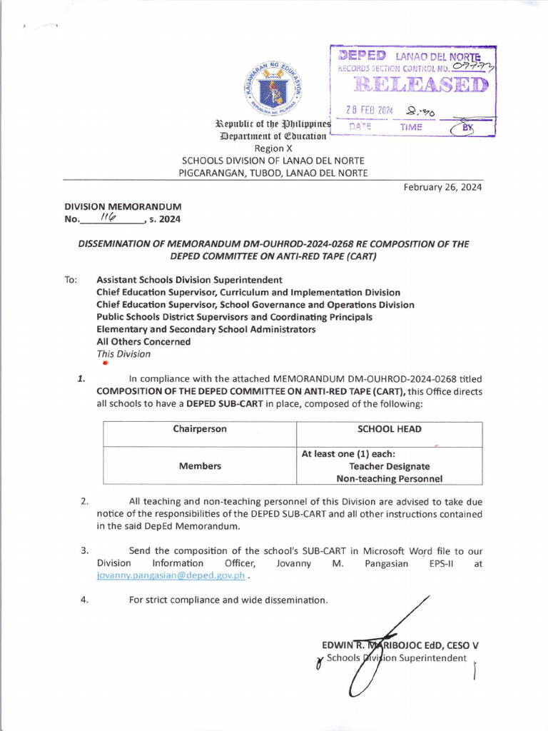 Dissemination of Memorandum Dm-Ouhrod-2024-0268 Re Composition of The Deped Committe On Anti-Red ...