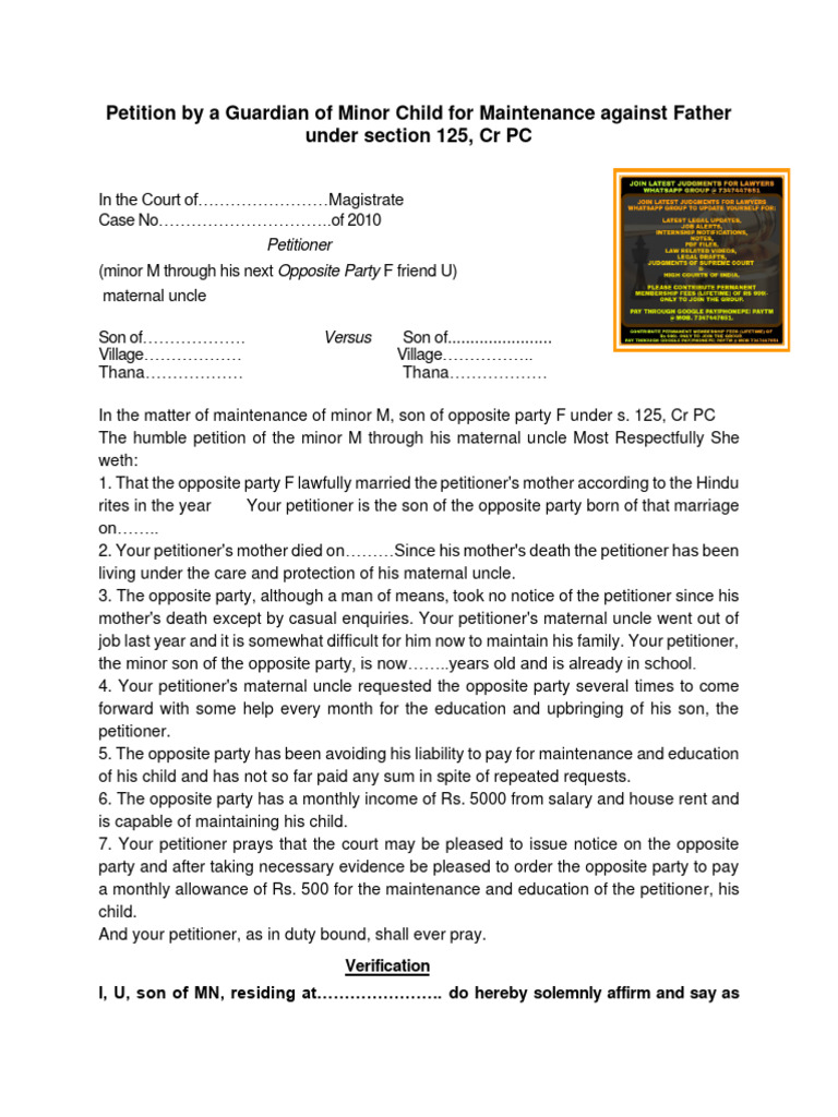 Guardian's Petition for Child Maintenance | PDF | Affidavit | Common Law
