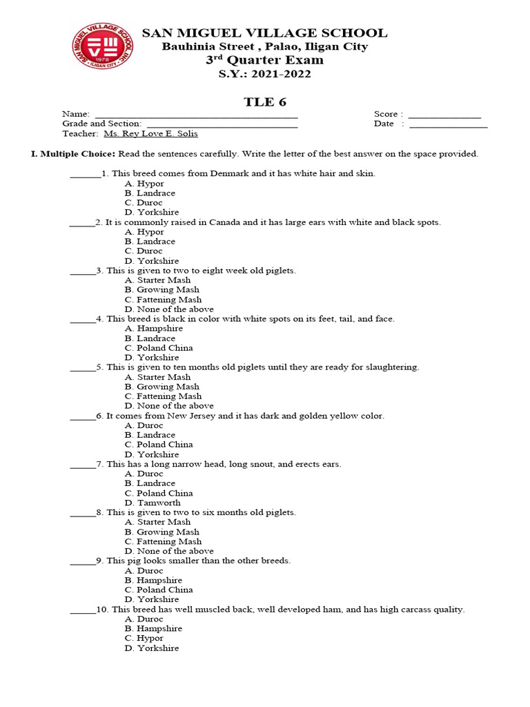 TLE 6 3rd Quarter Exam | PDF | Pig | Ethnobiology