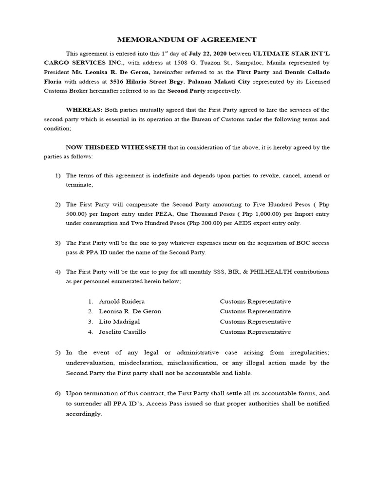 Dennis Floria (Memo of Agreement) | PDF