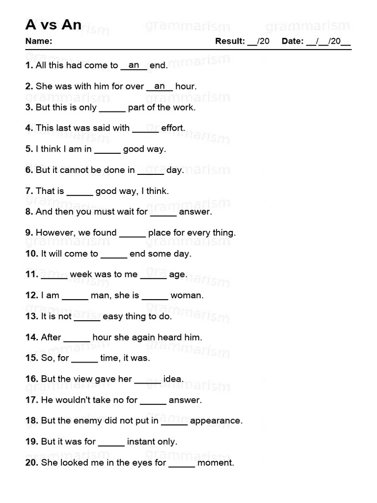 A vs An: Usage Exercises and Answers | PDF
