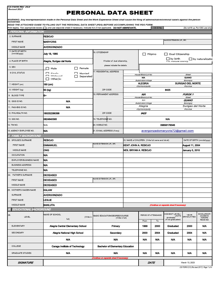 Excel File CSC Personal Data Sheet PDS 2017 | PDF