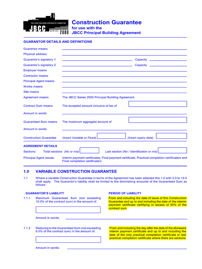JBCC Construction Guarantee S2122.August 2007 | PDF | Guarantee | Surety