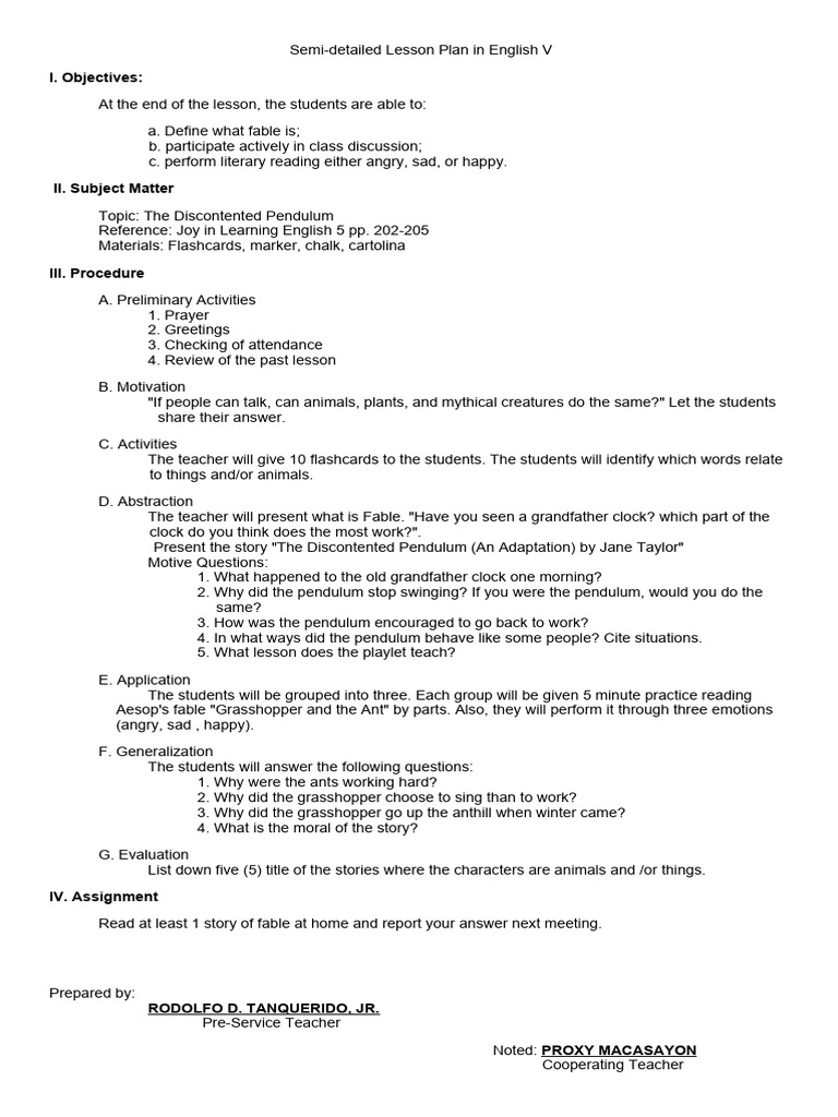 Lesson Plan in English V | Download Free PDF | Lesson Plan | Fable