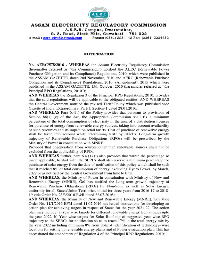 AERC (RPO and Its Compliance) Regulations, 2010, (Second Amendment), 2016 | PDF | Renewable ...