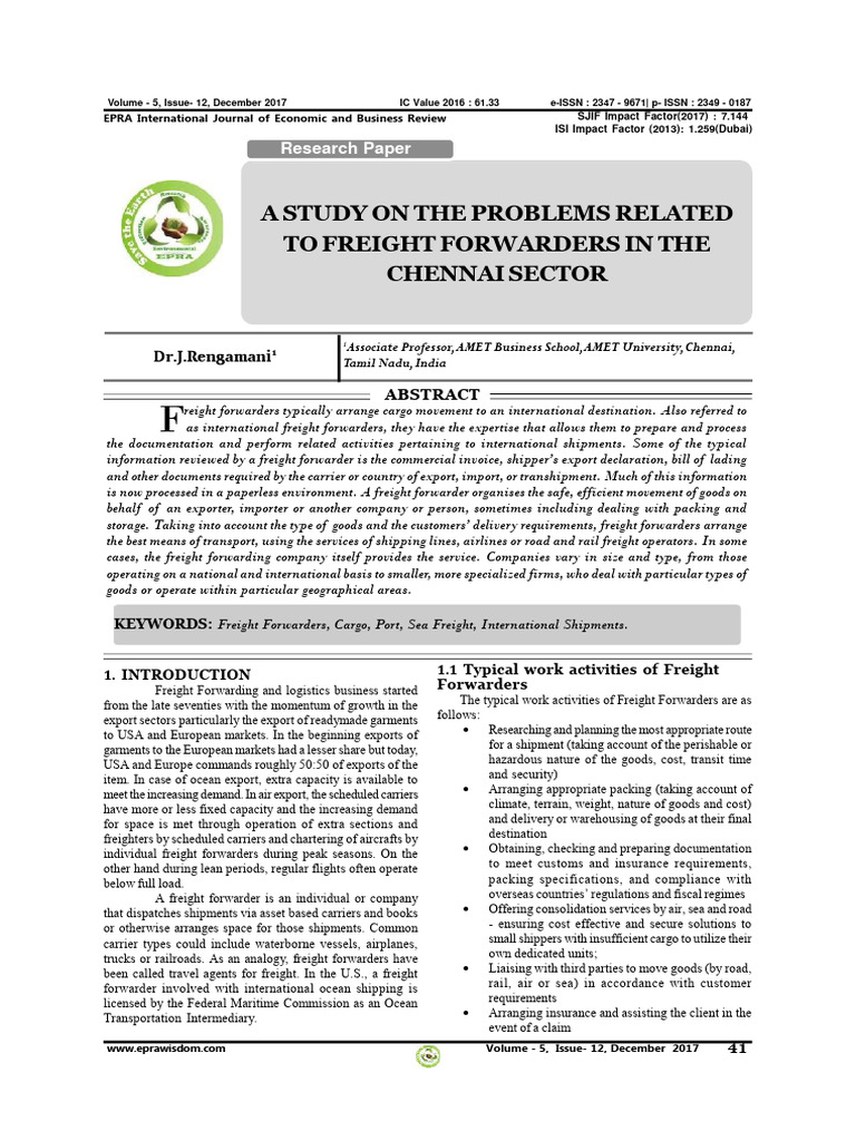 A Study On The Problems Related To Freight Forwarders in The Chennai ...