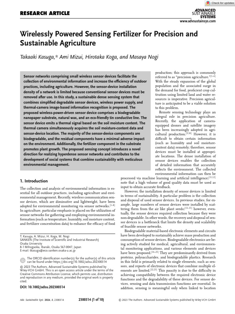 Advanced Sustainable Systems - 2023 - Kasuga - Wirelessly Powered Sensing Fertilizer For ...