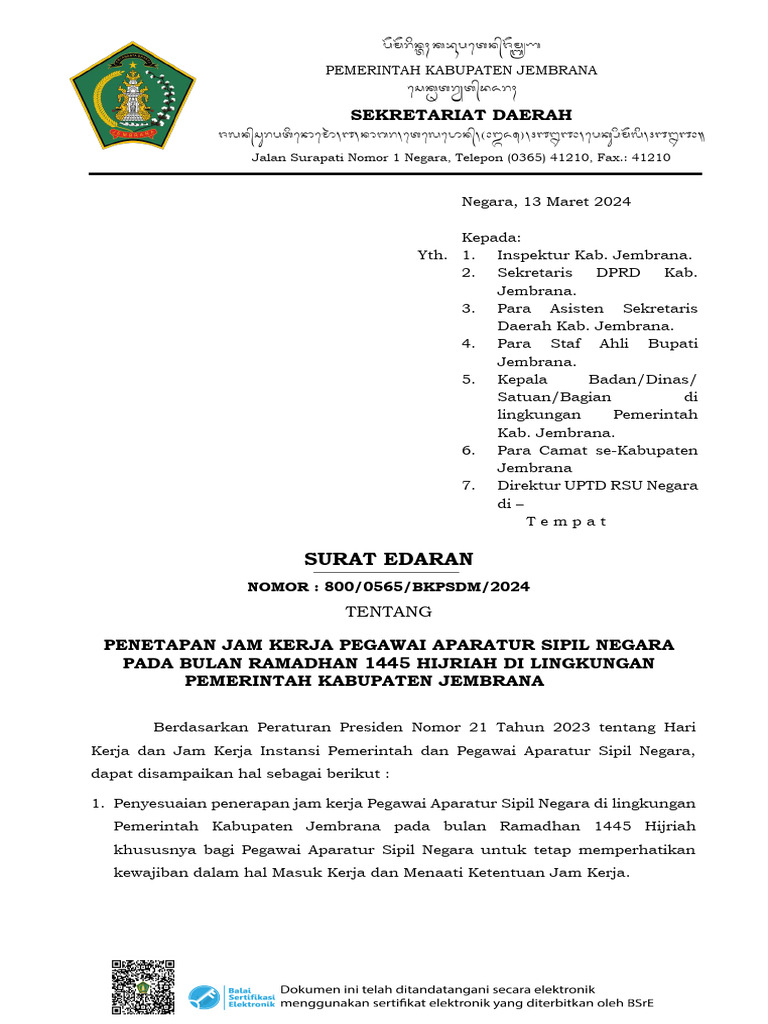 BKPSDM Surat Edaran Tentang Penetapan Jam Kerja Pada Bulan Ramadhan 1445 H | PDF