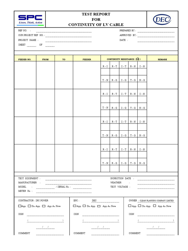 LV Cable Continuity Test Report | PDF | Electrical Engineering ...