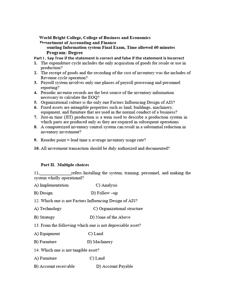 AIS Final EXAM | PDF | Inventory | Business Economics