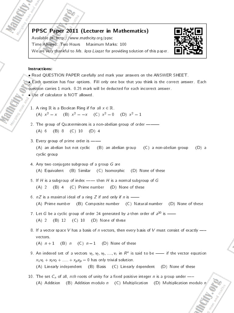PPSC Paper 2011 (Lecturer in Mathematics) | PDF | Group (Mathematics) | Basis (Linear Algebra)