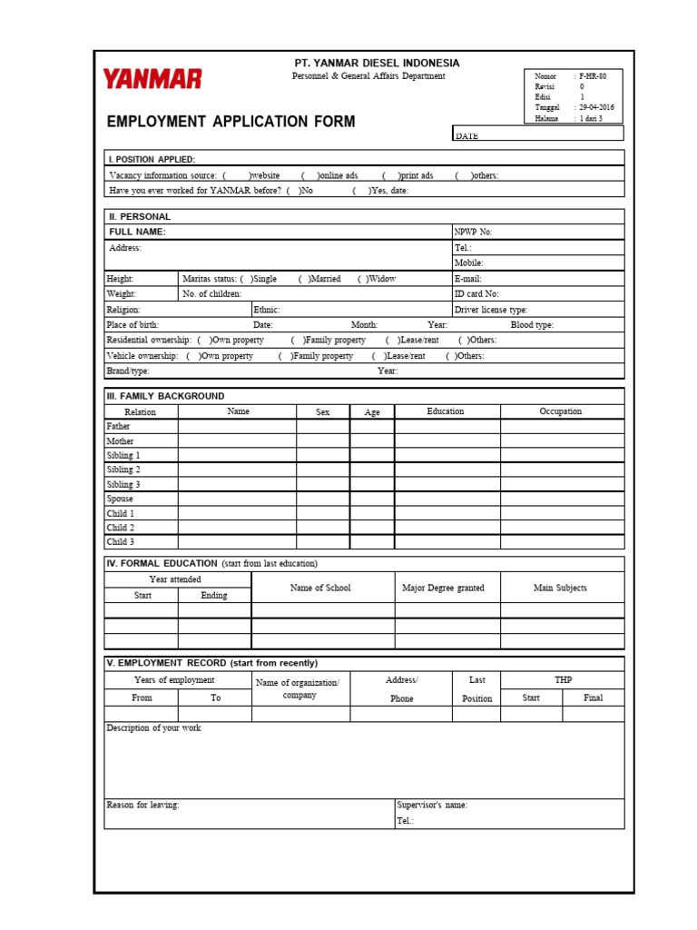 Application Form Yanmar 2023 | PDF