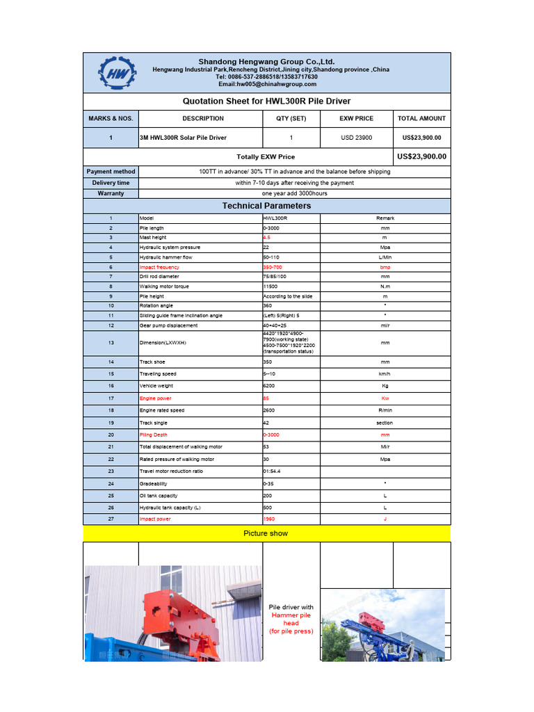 HWL300R Solar Pile Driver Quotation | PDF | Engines | Mechanical ...