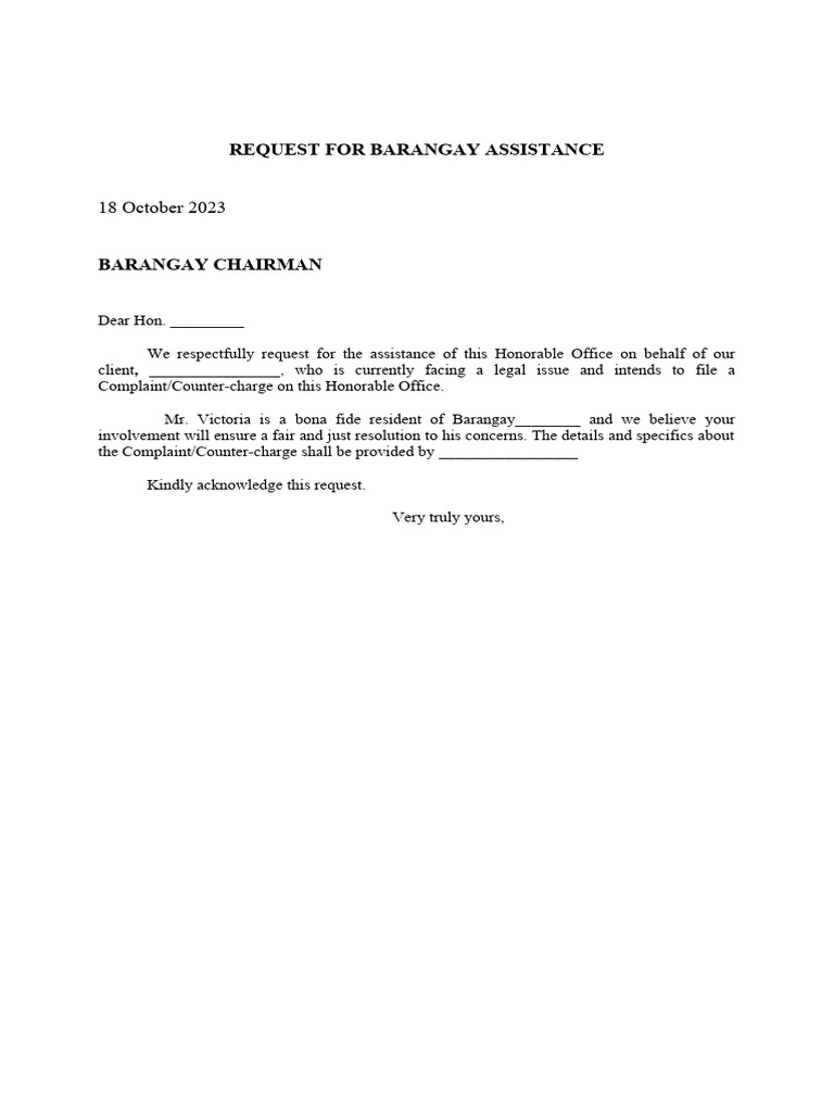 Request For Barangay Assistance (Sample) | PDF