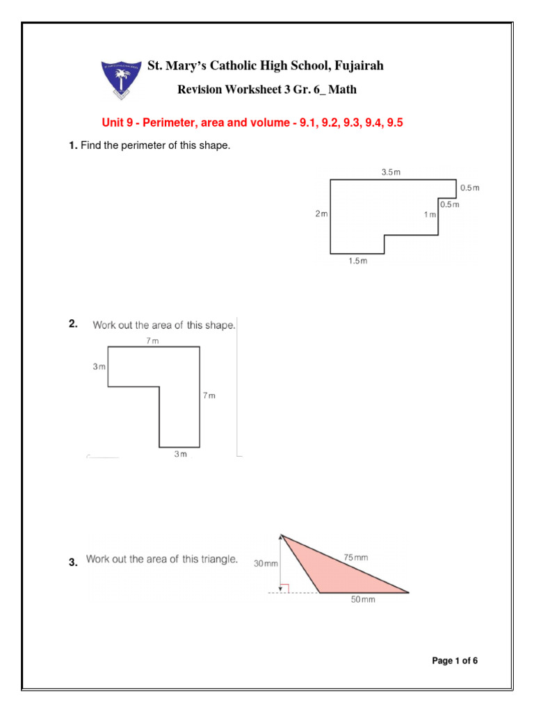 Grade 6 - Math - Revision Worksheet 3 - June Assessment - Unit 9 | PDF